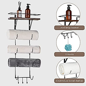 ELYKEN Wall Towel Rack for Rolled Towels, Hanging Towel Storage for Small Bathroom, Metal Towel Holder with 1.8” Guardrail Shelf and 3 Hooks for RV, Hotel Organizer Shelves, Rustic Brown