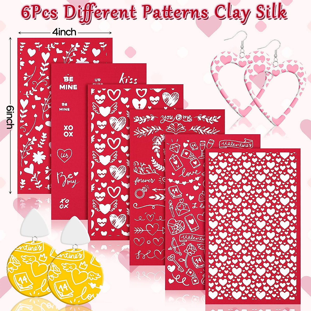 6Pcs Silk Screen Stencils for Clay - Floral Designs for Earring & Jewelry - Valentine's Day