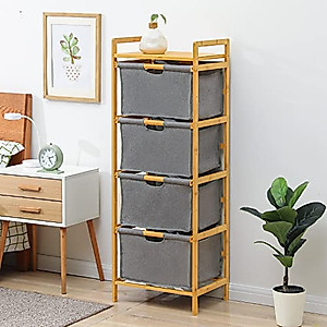MoNiBloom Bamboo Organizer Clothing Storage Shelf with 4 Part Compartment Sorter Baskets Fabric Removable Clothes Drawers for Bedroom Laundry Living Room, Grey