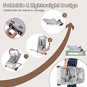 BABY JOY Baby Bouncer, Foldable Baby Bouncer Seat with 5-Point Safety Harness, Removable Fabric Cover & 3 Plush Toys, Portable Infant Bouncer for Babies 0-6 Months (Grey)