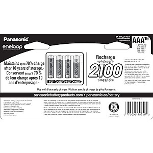 Panasonic BK-4MCCA16FA eneloop AAA 2100 Cycle Ni-MH Pre-Charged Rechargeable Batteries, 16 Pack