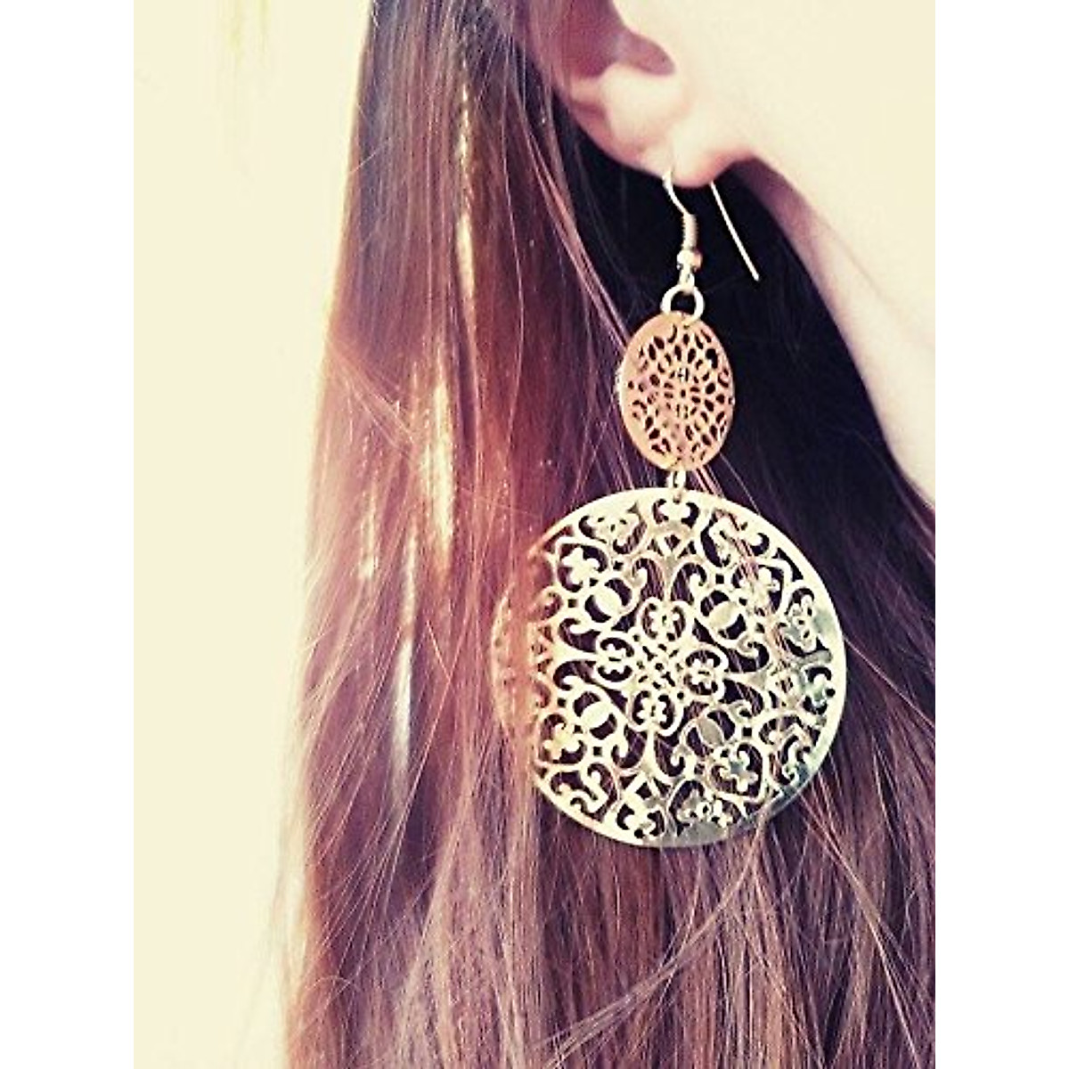 IDB Delicate Filigree Dangle Double Circle Drop Hook Earrings - Approx 3 1/4 inches (3.25" / 8.2 cm) Length x 1 13/16 inches (1.81" / 4.6cm) - (Gold Tone)