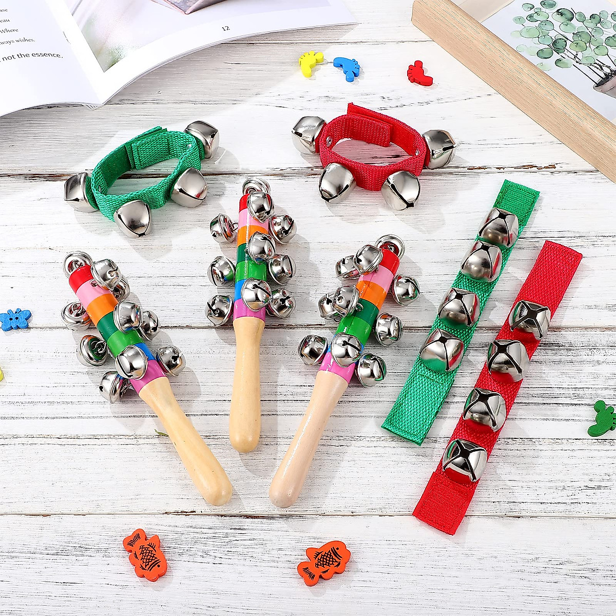 MILISTEN 3 Sets of Christmas Hand Jingle Bells and Band Wrist Bells, Hand Bells Ankle Bells, Wooden Handle Rainbow Bells Shaker Rattles, Hand Percussion for Christmas