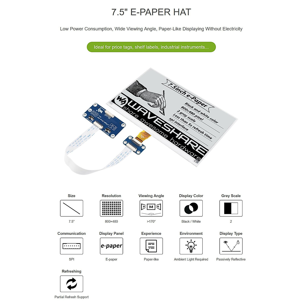 7.5 inch E-Ink display e-Paper HAT Resolution 800×480 SPI interface for Raspberry Pi 3 2 Zero W WH Jetson Nano Arduino @XYGStudy