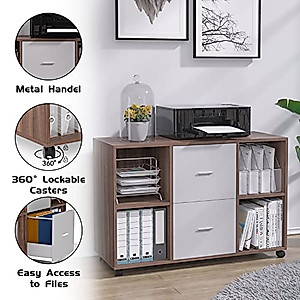 WILLIAMSPACE File Cabinet for Home Office，Filling Cabinets with 2 Drawer & 4 Open Shelves, Printer Stand with Storage Cabinet, Lateral Filling Cabinets on Wheels/Scanner (2 Drawer,Walnut + Grey)