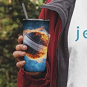 FHENMSA Stainless Steel Insulated Travel Coffee Mug,Ice And Fire Volleyball Print Reusable Car Cup,Thermal Cup for Outdoor with Straw And Lid