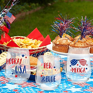 Whaline 3Pcs Patriotic Stemless Wine Glasses 17oz American Flag Glasses Tumbler Cups Drinking Glasses Independence Day Party Cups for 4th of July Supplies Kitchen Decor Gifts