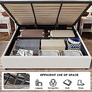 PaPaJet Lift Up Storage Bed King Size Upholstered Platform Bed Frame Button Tufted Wingback Headboard Hydraulic Lifting Storage Underneath/Wood Slats Support/Easy Assembly/Cream