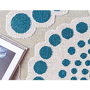 Unique Loom Modern Collection Geometric, Contemporary, Circles, Swirls, High-Low Pile, Indoor and Outdoor Area Rug, 7 ft x 10 ft, Ivory/Teal