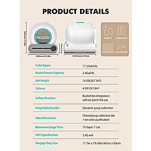Famree Smart Self-Cleaning Cat Litter Box,Automatic Cat Litter Cleaning Robot with 65L+9L Large Capacity/APP Control/Ionic Deodorizer for Multiple Cats【2023 New Structure】, Turquoise Green