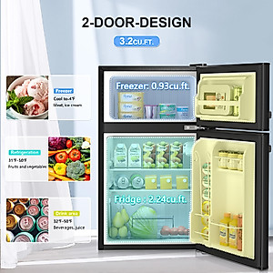 Antarctic Star Mini Refrigerator 3.2Cu.Ft Compact Fridge 2-Double Doors with a Freezer Low Noise Defrost Storage of Beverages Vegetables and Fruits for Home Office Dorm, Emboss Black