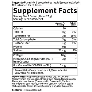 Garden of Life Grass Fed Collagen Coconut MCT Powder - Vanilla, 24 Servings, Collagen Powder for Energy Hair Skin Nails Joints, Collagen Peptides Powder, Coconut MCTs, Collagen Protein Supplements