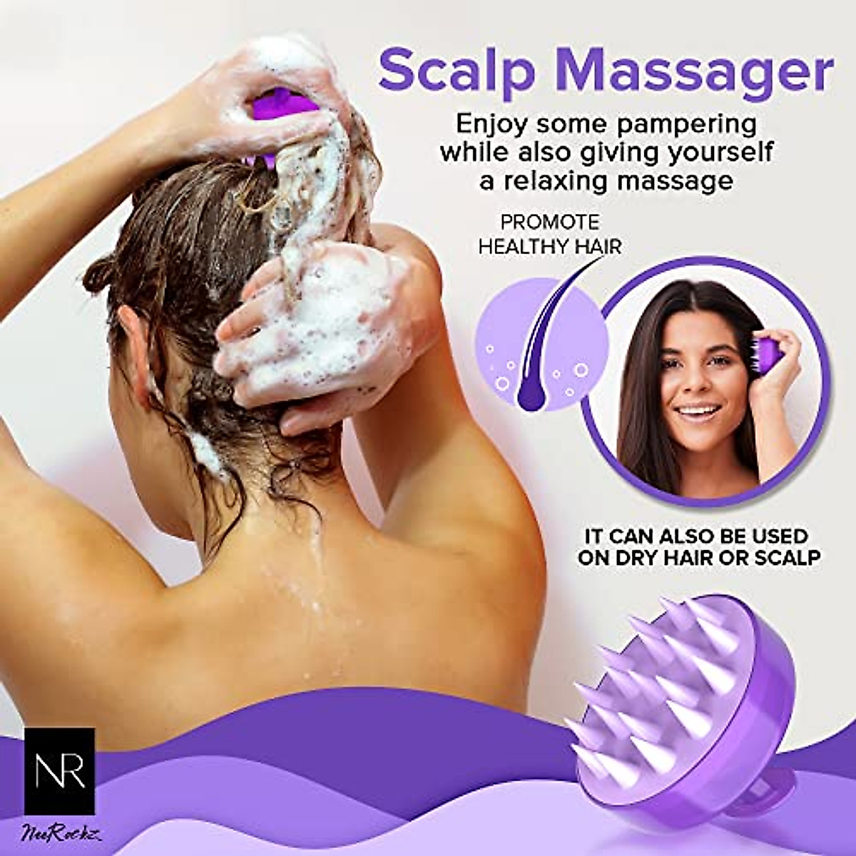 NeeRockz - Silicone Body Scrubber and Scalp Massager Set, 3-Inch Scalp Exfoliator and Dual-Sided 31.5-Inch Back Scrubber for Shower, Ergonomic Hair Massager and Bath Scrubber