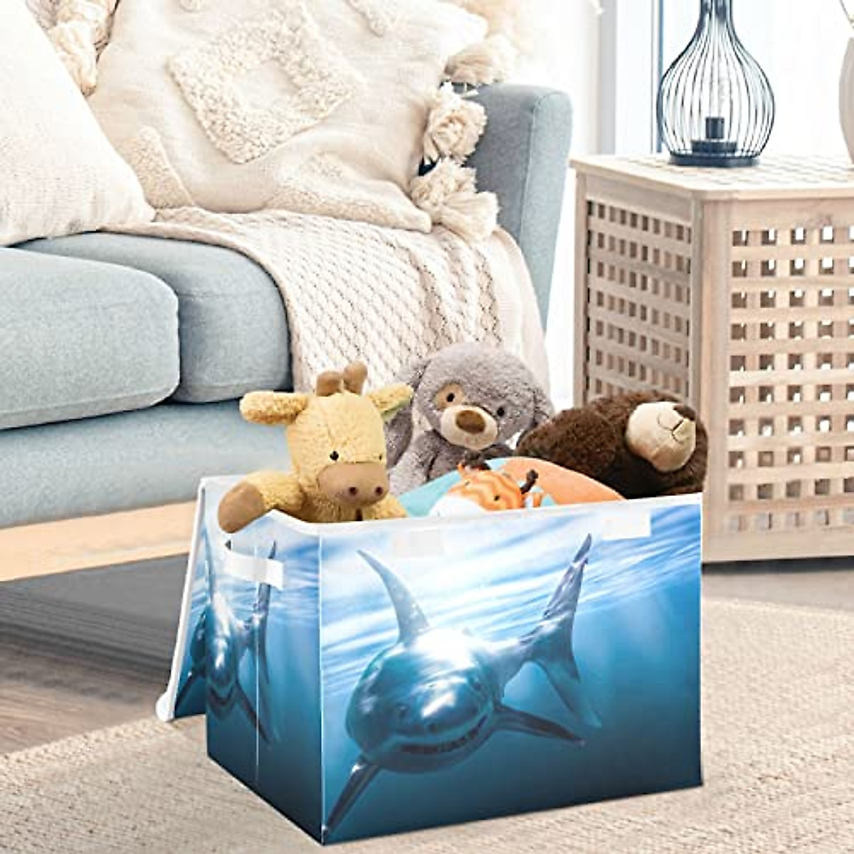 CaTaKu Water Shark Storage Bins with Lids and Handles, Fabric Large Storage Container Cube Basket with Lid Decorative Storage Boxes for Organizing Clothes