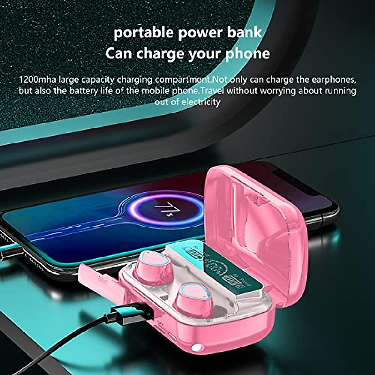 Sport Bluetooth 5.2 Earbuds,Wireless Earphones in-Ear with Microphone, Stereophones HiFi Stereo Sound Intelligent Noise Reduction, Headset with Wireless Dual Core Fast Charging Case (Pink)