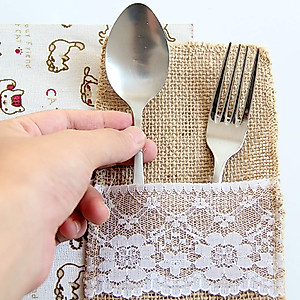 Wedding Cutlery Holders Pouch, Easter Decorations Natural Burlap Lace Utensil Napkin Holders Bag for Vintage Wedding, Party dinner, Thanksgiving banquet, Tableware Decorations (Lace, 12 Pack)