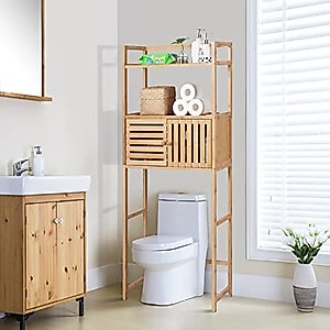 Finnhomy Over The Toilet Storage Cabinet with Doors, Over Toilet Bathroom Organizer, 3-Tier Bathroom Space Saver Organizer with Shelf, Multifunctional Toilet Rack, Natural Bamboo