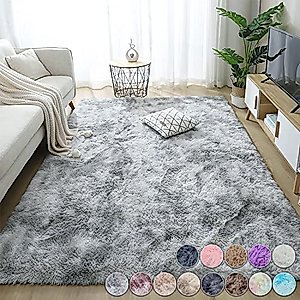 OdentBlca Fluffy Area Rug, 3x5,Soft Fuzzy Shaggy Carpet for Girls Bedroom, Kids/ Living Room with Non-Slip Bottom,Light Grey