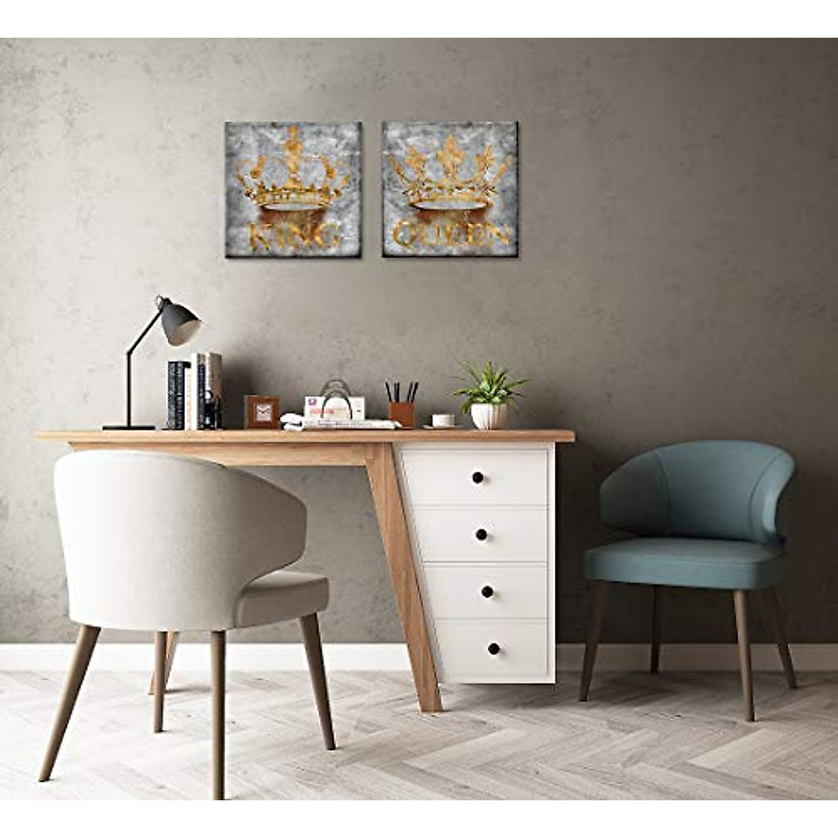 Zlove 2 Set Romantic Wall Art Golden Queen and King Crown Painting Antique Vintage Grey Artwork on Canvas For Bedroom Valentine Day Wedding Gift Stretched and Framed Ready to Hang 12x12inchx2pcs