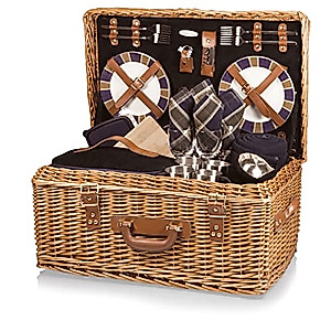 PICNIC TIME Windsor Luxury Wicker Picnic Basket, Deluxe Set for 4, Navy Blue