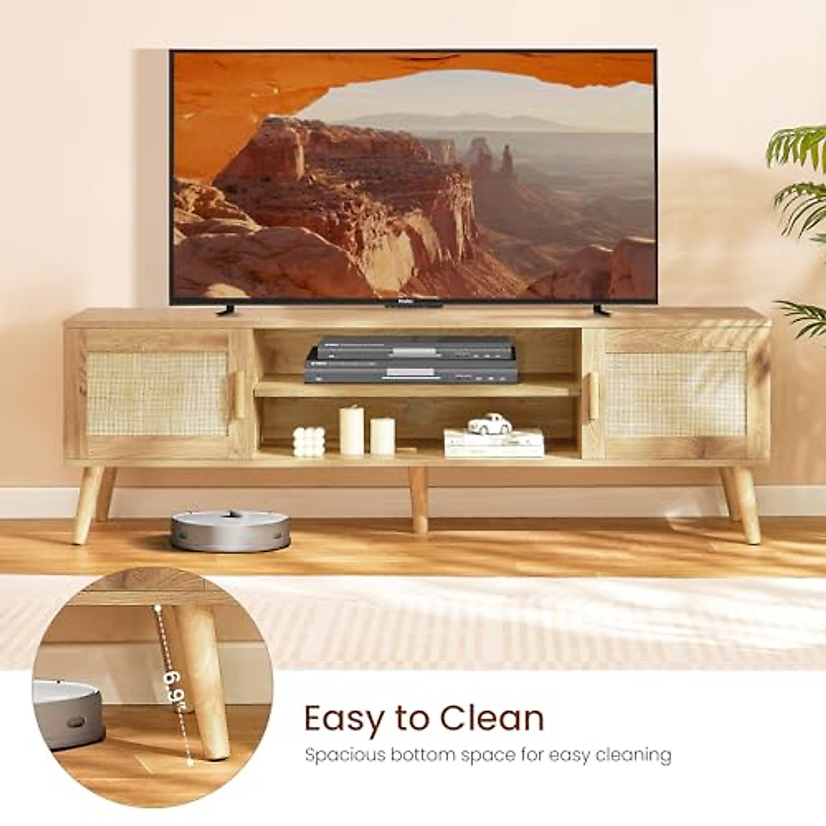 Iwell Boho Rattan TV Stand for 70 inch TV, Large TV Console, Entertainment Center with Adjustable Shelf and 2 Cabinets, Mid Century Modern TV Stands for Living Room, Bedroom, Natural