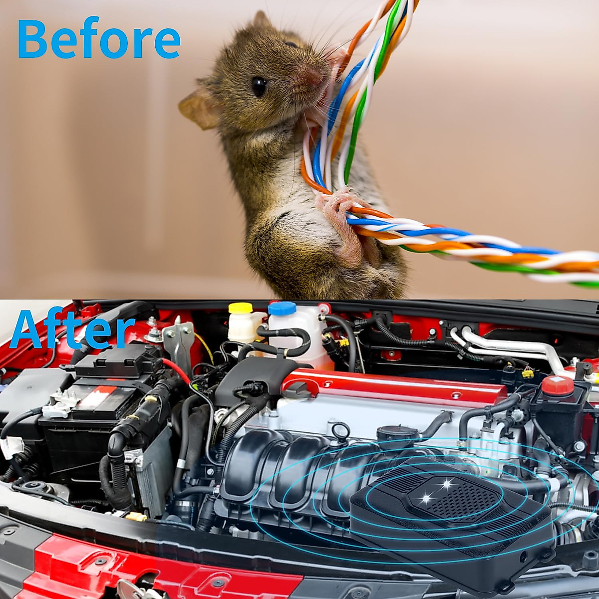 Ultrasonic Rodents Repellent for Cars and Indoor 2 Packs, Battery Operated Under Hood Rodent Repeller to Protect Wires,Humane Alternative Ultrasonic Mouse Repellent with LED