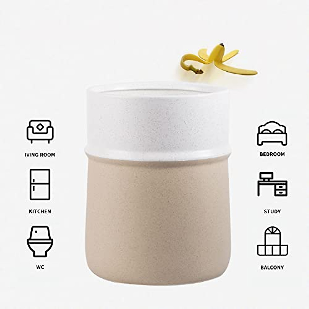 Decorative Round Small Trash Can Wastebasket, Garbage Container Bin for Bathrooms, Powder Rooms, Kitchens, Home Offices - Sand Glaze Non-Slip Design,Beige