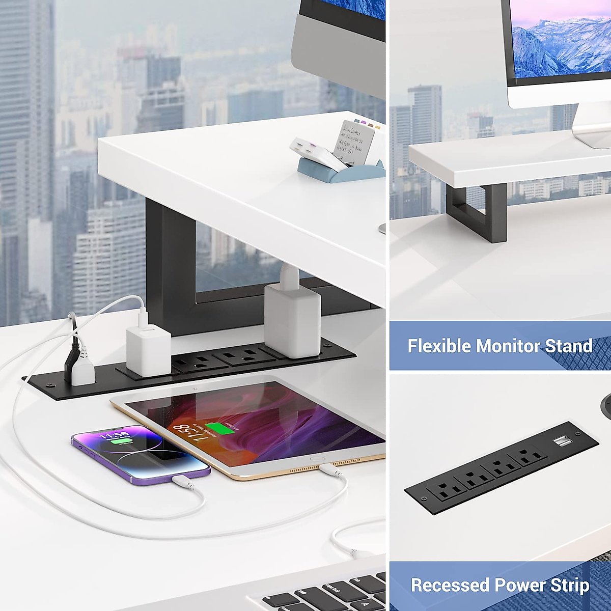 Unikito U Shaped Computer Desk with LED Strip and Power Outlets, Reversible Large Office Desk with Monitor Stand and Storage Shelves, 2 Person L Shaped Gaming Table, 83 Inch U Shape Corner Desk, White
