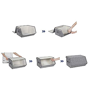 SONGMICS Stackable Storage Bins, Set of 2 Fabric Storage Boxes with Lids, with Magnetic Closures, Lid Can Stay Open after Stacking, ‎19.7 x 13.8 x 9.8 Inches, Light Gray URLB03GY