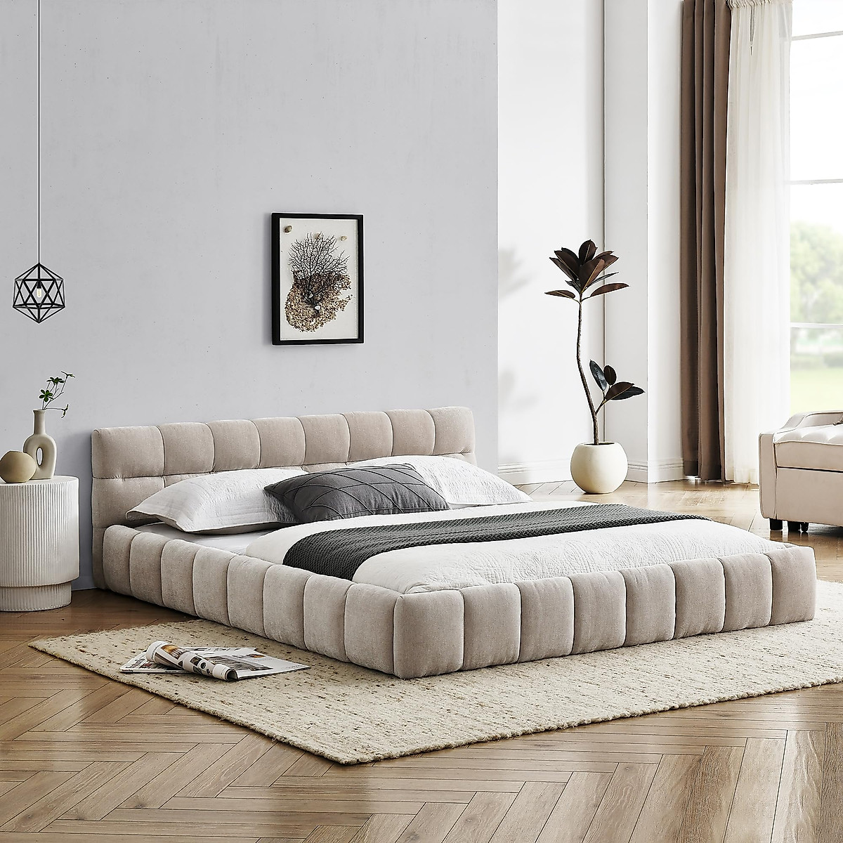 DEINPPA Queen Modern Bed, Chenille Upholstered Platform Bed with Cloud Soft Headboard, Grounded Upholstered Wood Base Platform Bed, Italian Style Modern Beds-Beige