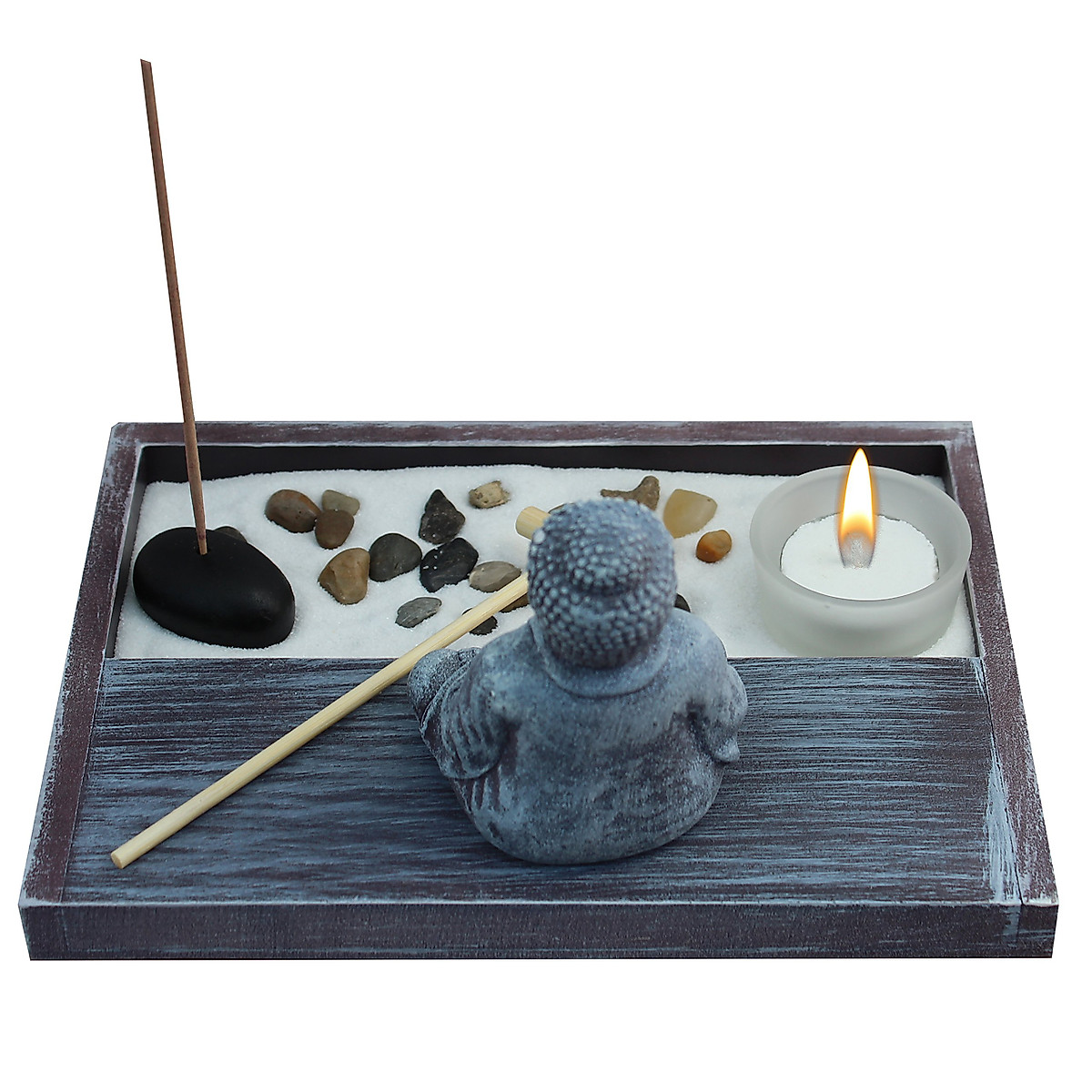 Zen Garden Deluxe Desk Meditation Garden Grey Buddha Statue with Rocks, Tea Light Holder, Rake, Incense and Incense Holder, Sand and Base - Peace & Tranquility (Candle Not Included)
