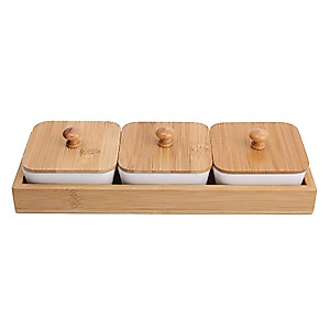 Joyzan Ceramic Divided Serving Dishes, Porcelain Snack Nut Condiments Appetizer Bowl Lids Dip Candy Platter Relish Bamboo Tray Removable Food Display Container Fruit Dessert Potato Chip Birthday Party