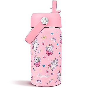 Charcy 12 oz Insulated Water Bottle for Kids, Portable Sports Water Cup Flask with Handle, Travel Thermos Mug, Pink adjustable lid - Pink Unicorn