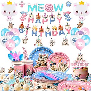 Cat Birthday Party Supplies,178pcs Cat Party Decorations&Tableware Set-Kitten Birthday Party Decorations Balloons Banner&Cat Party Plates Cups Napkins Tablecloth etc Cat Themed Birthday Party Supplies