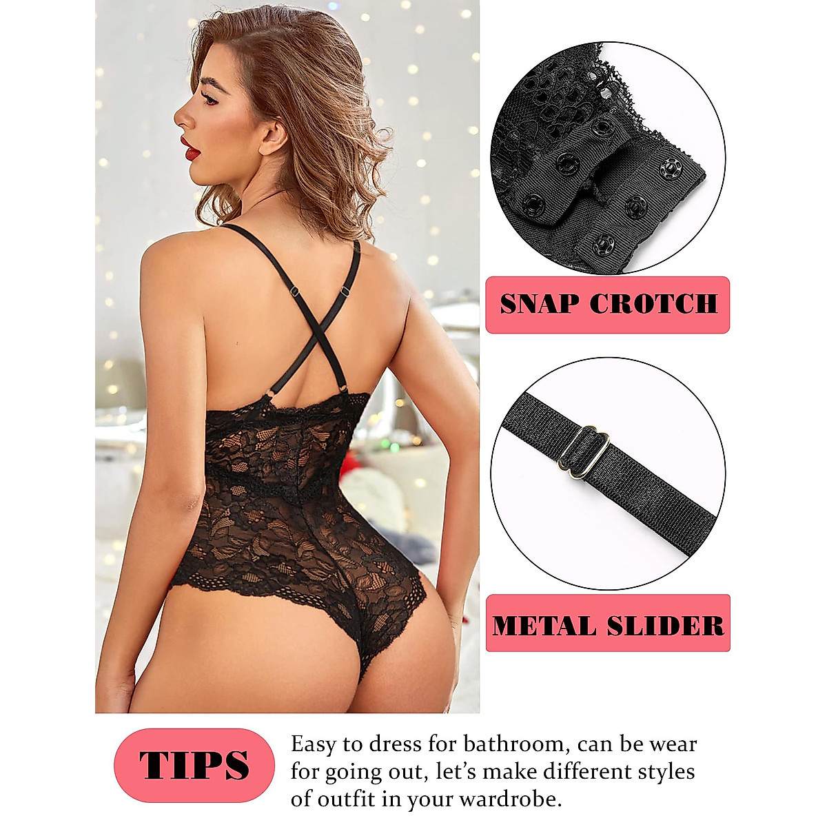 Avidlove Button Crotch Lingerie Women Deep V Lace Teddy Bodysuit One Piece Babydoll(Black,S)