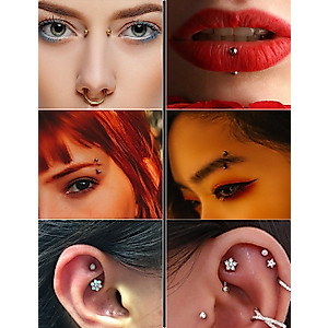 12Pcs 16G Rook Piercing Jewerlry Surgical Steel Eyebrow Piercing Jewelry Flower Crystal Heart CZ Moon Shape Eyebrow Rings Snake Eyes Rook Earrings for Women Men Tongue Retainer,Purple curved Barbell