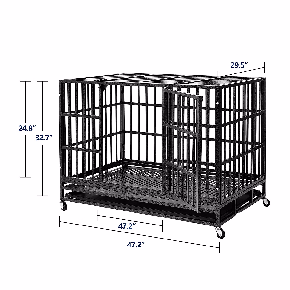 48 Inch Heavy Duty Indestructible Steel Dog Crate XXL Escape-Proof Double Door Pet Dog Cage with Lockable Wheel, New Upgraded Thickened Base Plate & Removable Tray,Black