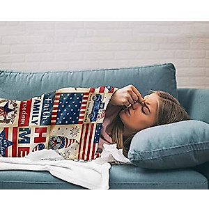 Patriotic Gnome Blanket USA Flag Throw Blankets Retro Plaid Soft Flannel Fleece Comfort Blanket, Check American Theme 4th of July Cozy Warm Bed Cover for Sofa Couch Chair 40x50In