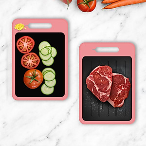 4-in-1 Defrosting Tray for Frozen Meat with Cutting Board, Knife Sharpener & Garlic Grater - Self Thawing Tray & Non-Slip Pink Chopping Boards by EliKai