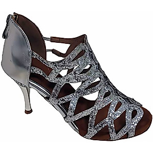 Womens Hollow Out Latin Dance Boots Peep Toe Mid Heel Glitter Shoes Tango Latin Ballroom Chacha Custom Heel Zipa Silver US 11.5