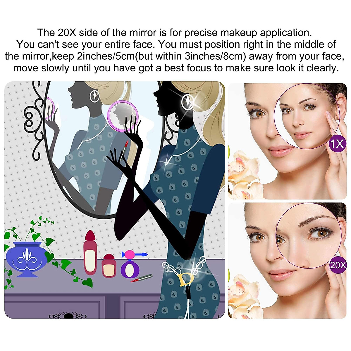 MIYADIVA 20x Magnifying Mirror with Suction Cup and Eyebrow Tweezers Kit for Women, Hair Removal Tweezers Travel Set Including High Magnification Magnified Mirror，5 Inch