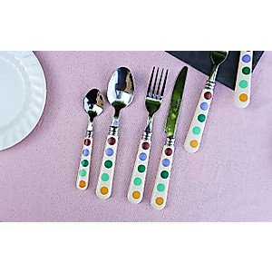 EXZACT Cutlery Set 24 PCS Stainless Steel with Polka Dots Handle - Dinner Knife x 6, Dinner Fork x 6, Table Spoon x 6, Tea Spoon x 6, Service for 6 - Mirror Polished