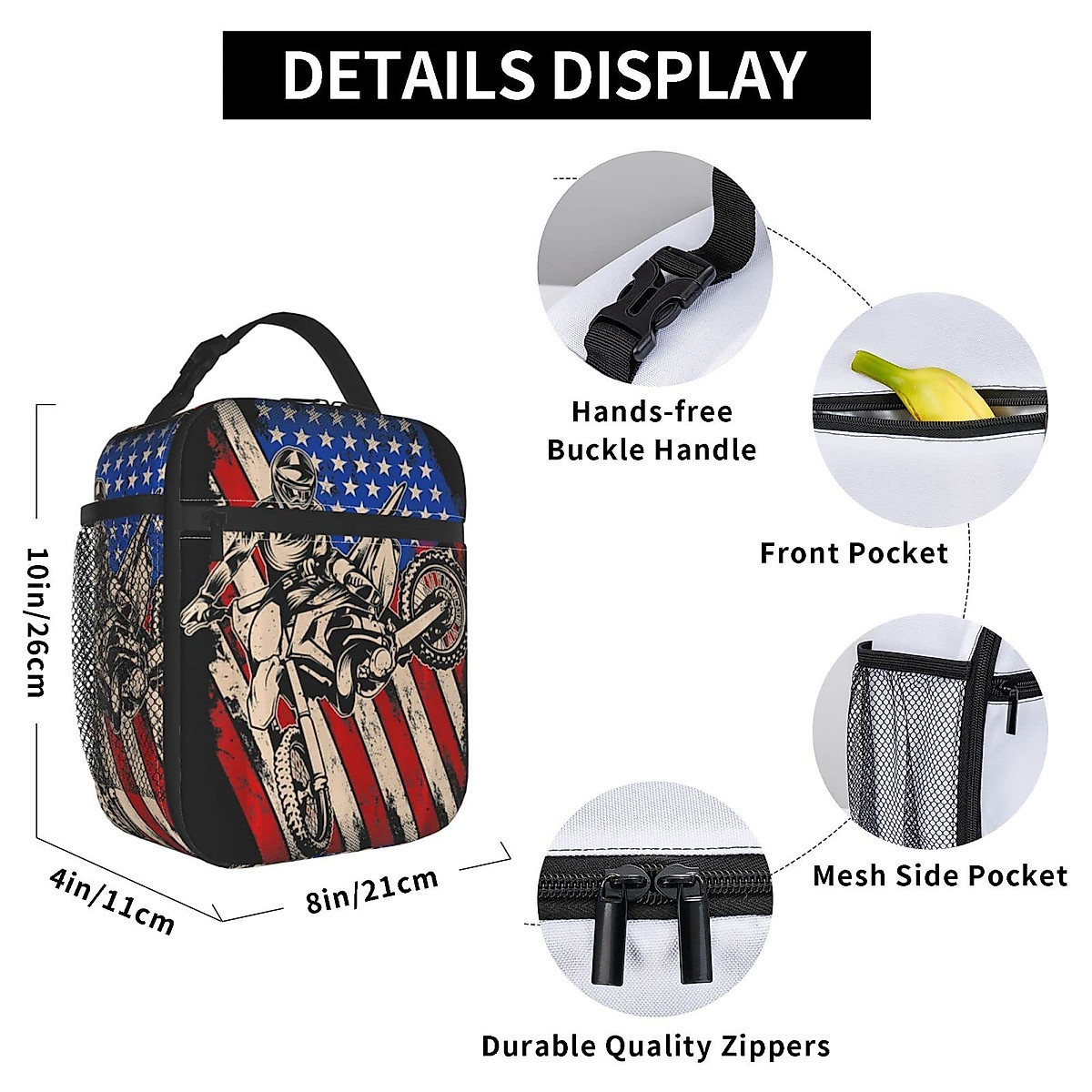 oumghxf Dirt Bike Motocross American Flag Lunch Bag Women/Men,Reusable Lunch Box For Men,Insulated Lunch Cooler Bag For Adults Kids