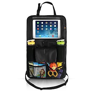 Kimbros Backseat Organizer with Tablet Holder for any age, (Holds IPAD PRO 10.5), Multiple Pockets, Side Double zipper for cables, Extra Long Harness with buckle for any size car, Baby wipe pouch
