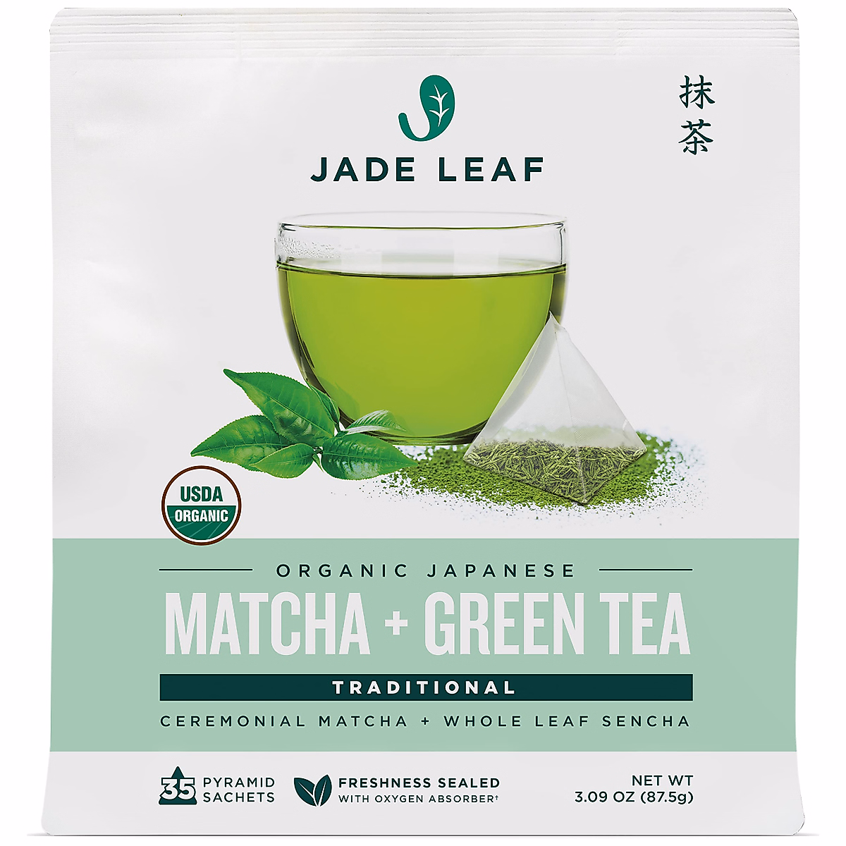 Jade Leaf Matcha Organic Matcha + Green Tea Bags - Traditional - Ceremonial Matcha + Whole Leaf Sencha - Authentically Japanese (35 Pyramid Sachets)