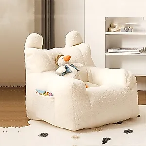 Bean Bag Chair for Kids - Stuffed Animal Storage Bean Bag - Children Sofa Cute Small Bean Bag Chair with Filling Fleece Floor Seat Armchair Boy Girl Bedroom Couch Kids Furniture (Color : White, Size