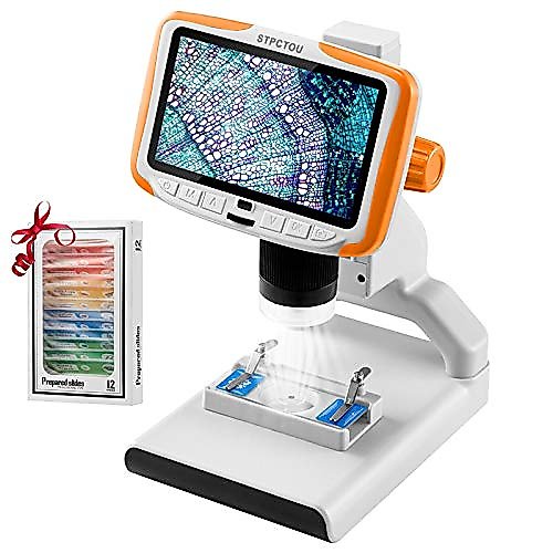 STPCTOU LCD Digital Microscope USB Coin Microscopes 5 Inch FHD 1080P Screen 200X Magnification Zoom Camera Video Recorder for Adults Kids Stamps Plants Soldering with Base Light Sample Slides