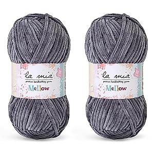 2 Skein La Mia Mellow Velvet Chenille Yarn for Knitting and Crocheting Baby Clothes, Blankets and Accessories, 100% Polyester, 100 gr (3.5 oz) / 115 m (125 Yards), Super Bulky, Grey - 905