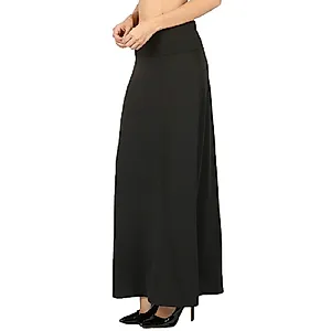 ShezPretty Women's Premium Fold Over High Waist Long Floor Length Maxi Skirt (Medium, Black)