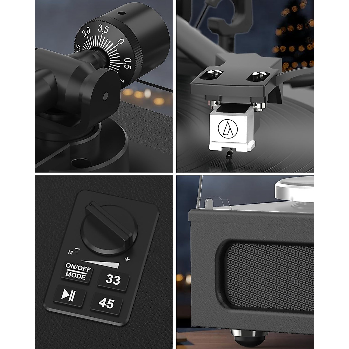 Record Player High Fidelity Turntable for Vinyl Records Built-in 4 Stereo Speakers All-in-One Vinyl Player Belt Drive Turn table with MM Cartridge ATN-3600L Stylus 33 45 Speed Bluetooth Classic Black